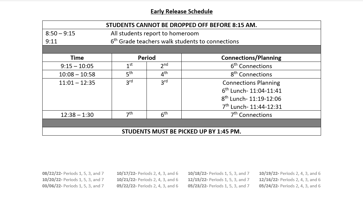 Early Release Schedule 12/15 & 12/16